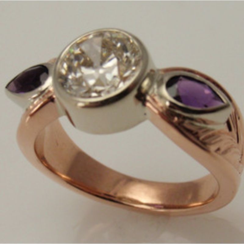 Custom Diamond & Amethyst Bezel Set Ring - 100074